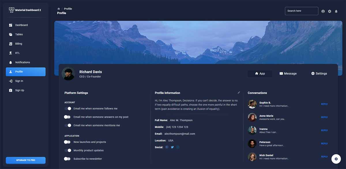 React Profile Page Free Templates